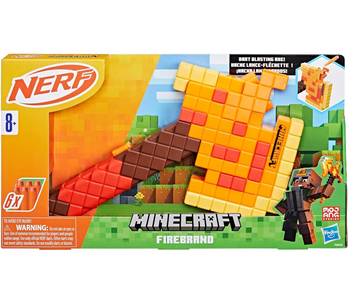 NERF MINECRAFT FIREBRAND AXE Dart-Blasting Crossbow 6 Dards HASBRO F8953